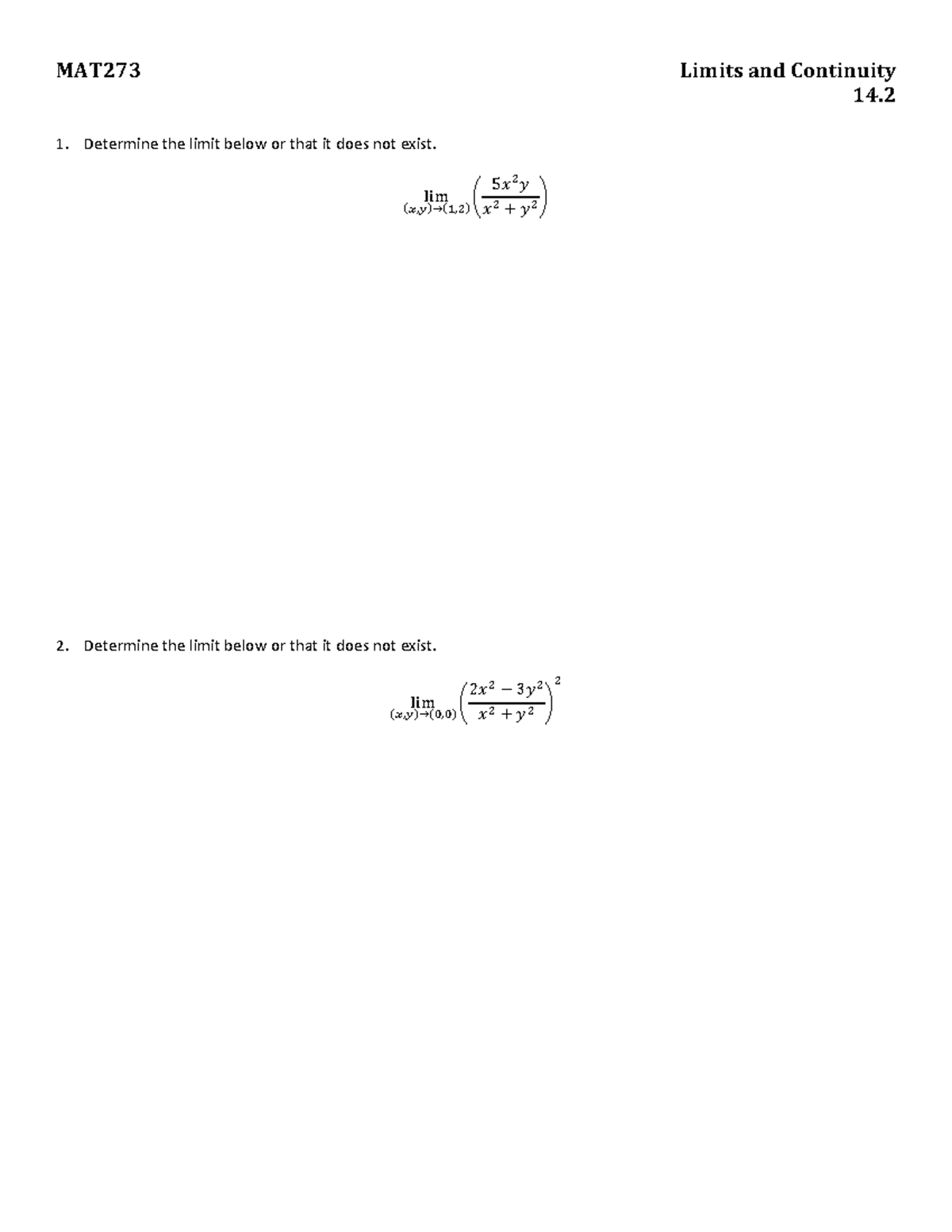 MAT273 Final Exam: Limits & Continuity Problems Solutions - Studocu