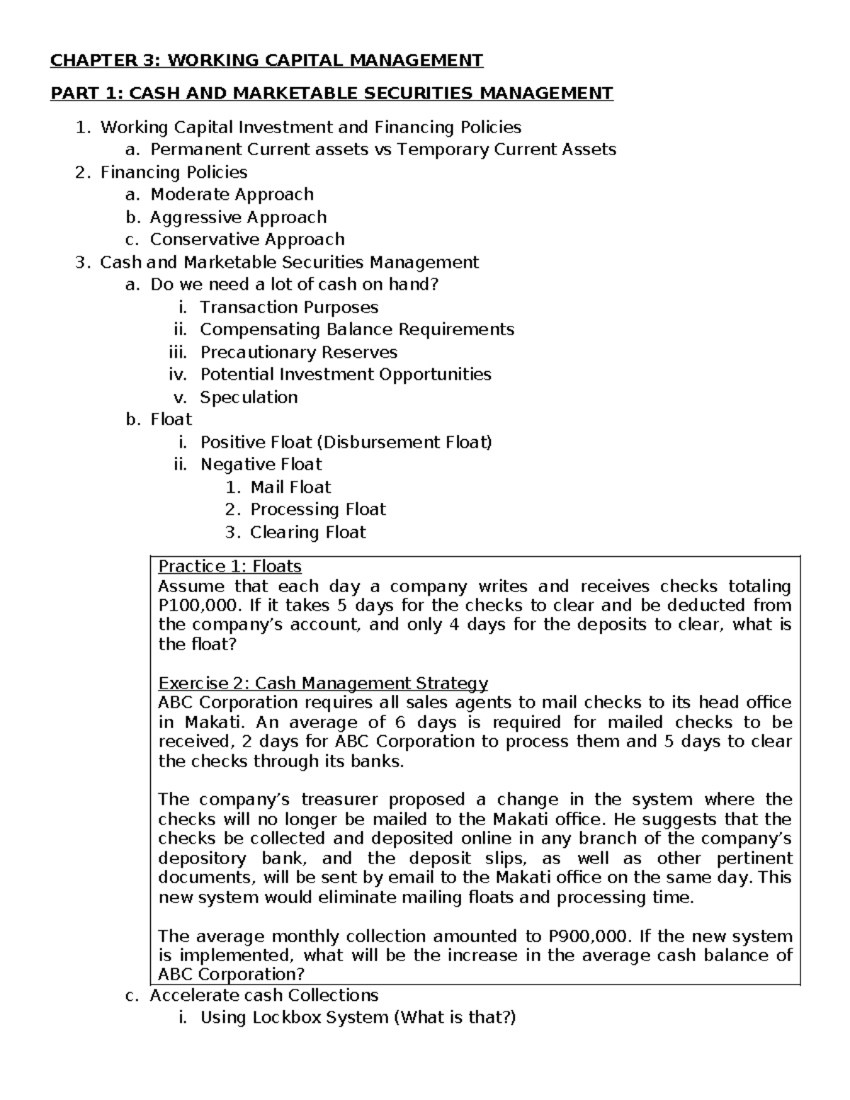 CHAPTER 3: WORKING CAPITAL MANAGEMENT - CASH & SECURITIES STRATEGIES ...