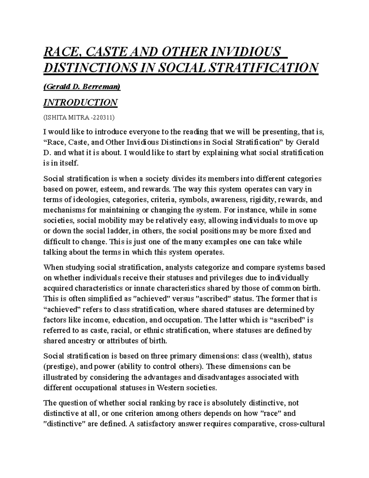 Race, Caste & Invidious Distinctions in Social Stratification Notes ...