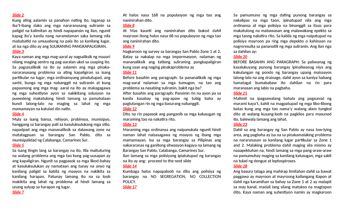 Pagsasaliksik sa Suliraning Pangkapaligiran: Barangay San Pablo Case ...
