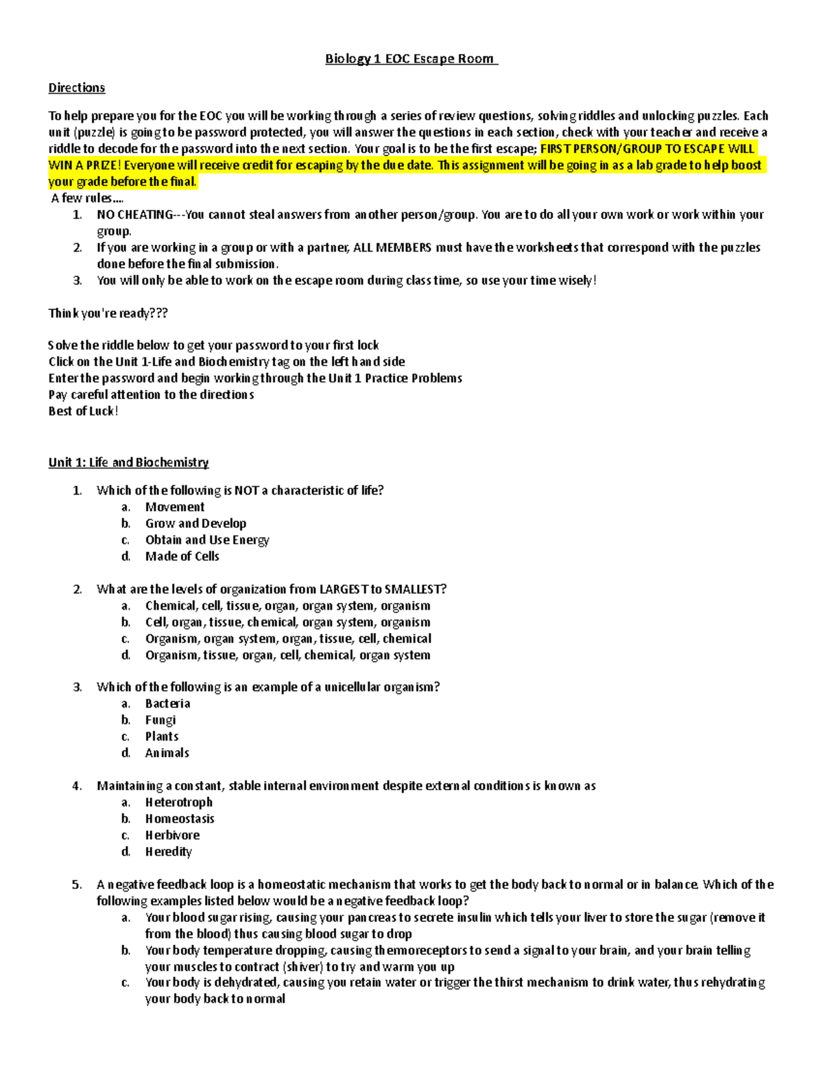 Biology 1 EOC Escape Room Review and Preparation Guide - Studocu
