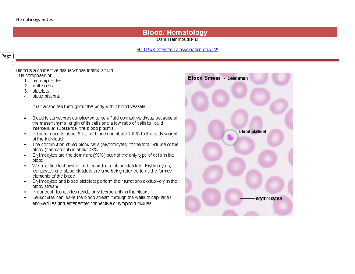 LECTURE NOTES: CLINICAL HEMATOLOGY (BLOOD COMPOSITION & FUNCTIONS ...
