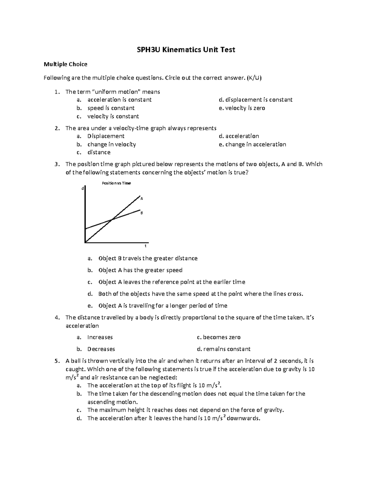 SPH3U Kinematics Unit Test: Multiple Choice & Long Answer Notes - Studocu