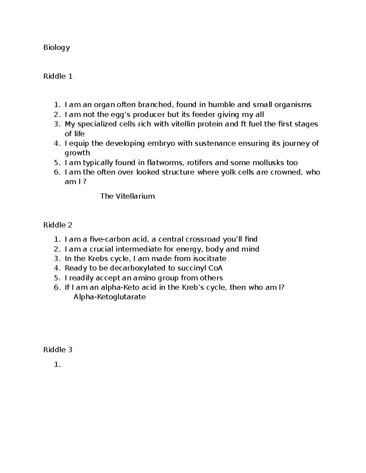 Biology Riddles - Engaging Questions for Understanding Concepts - Studocu