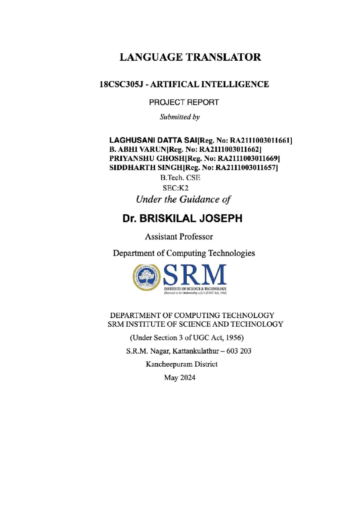 AI Mini-Project Report: Language Translator (AI-301) - Studocu