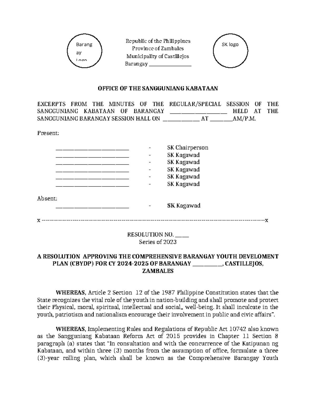 SK-RESO - Approval of CBYDP for CY 2024-2025 in Castillejos - Studocu