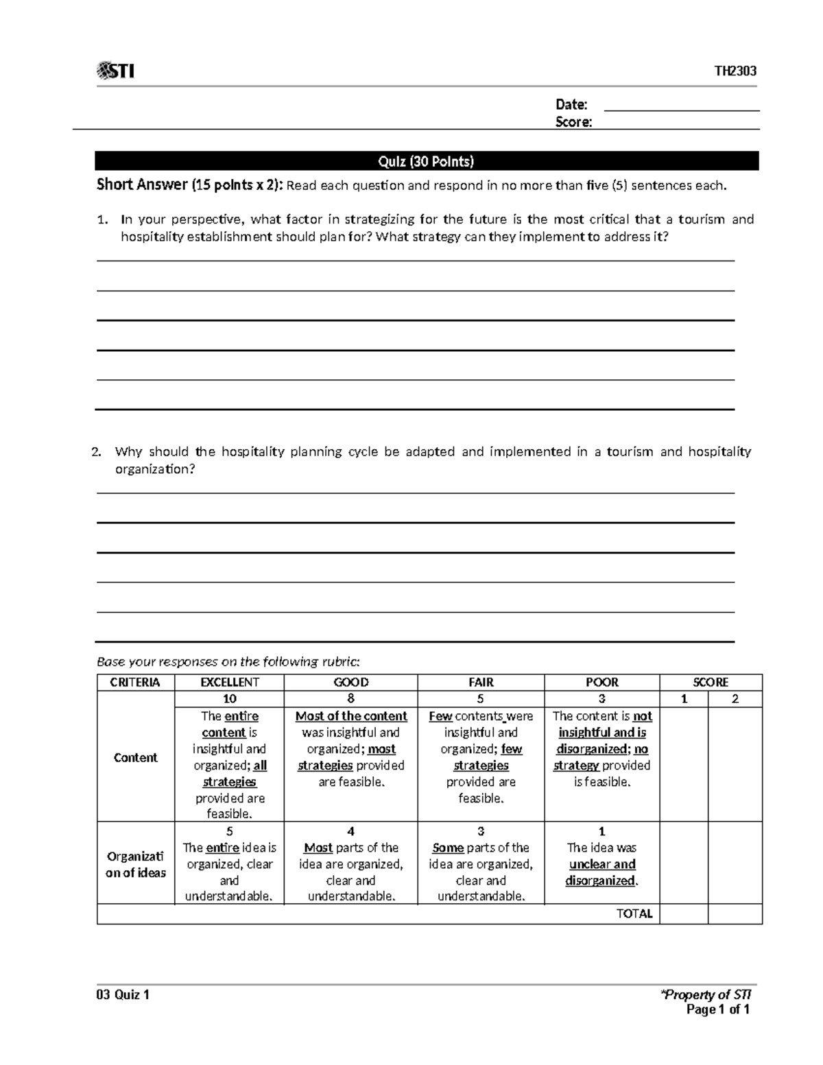 TH2303 Quiz 1: Strategic Planning in Tourism & Hospitality - Studocu