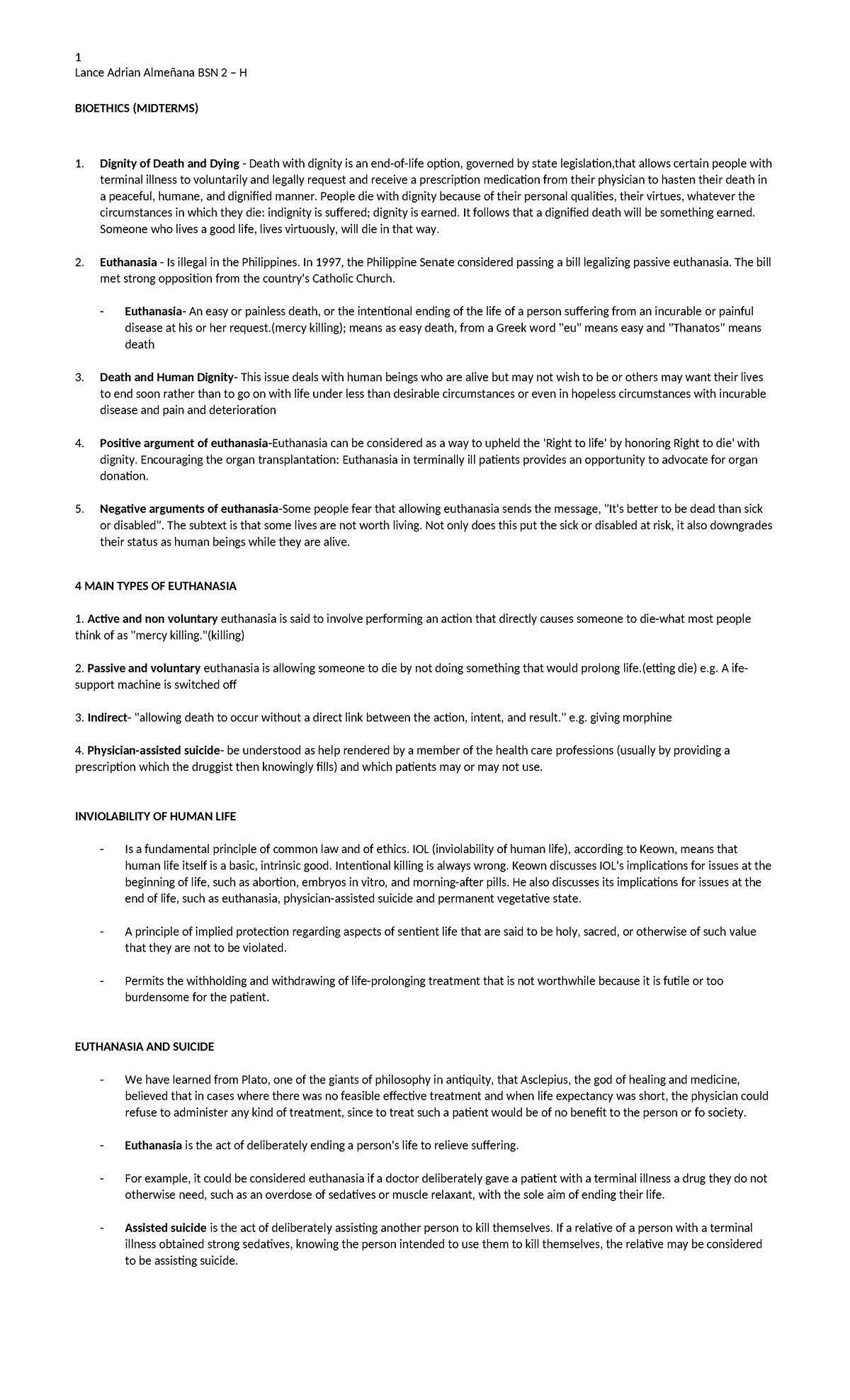 Bioethics (BSN 2 H) Midterm Study Notes on Death and Dying - Studocu