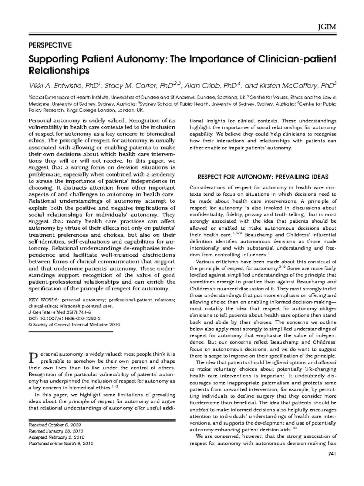 JGIM 2010 Article: Supporting Patient Autonomy Through Relational ...