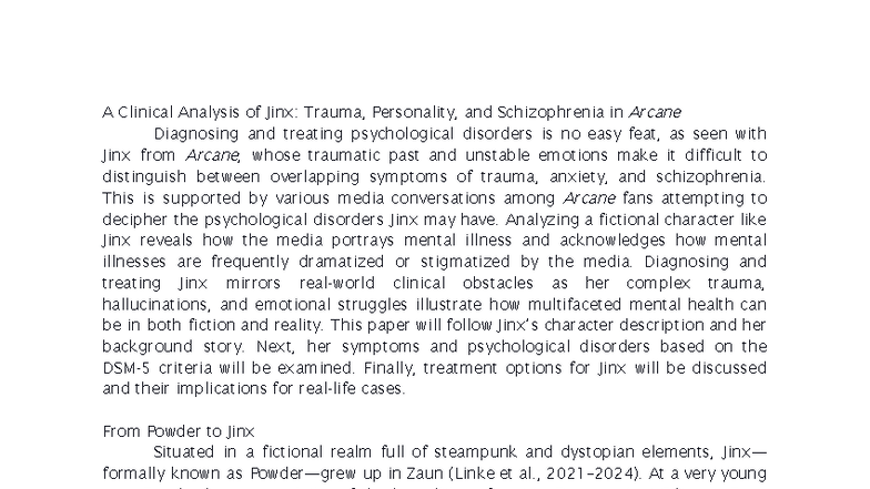 Psychopathology Assignment: Analyzing Jinx's Trauma and Disorders in ...