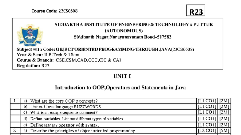 23CS0508 Object Oriented Programming through Java R23 - Comprehensive ...