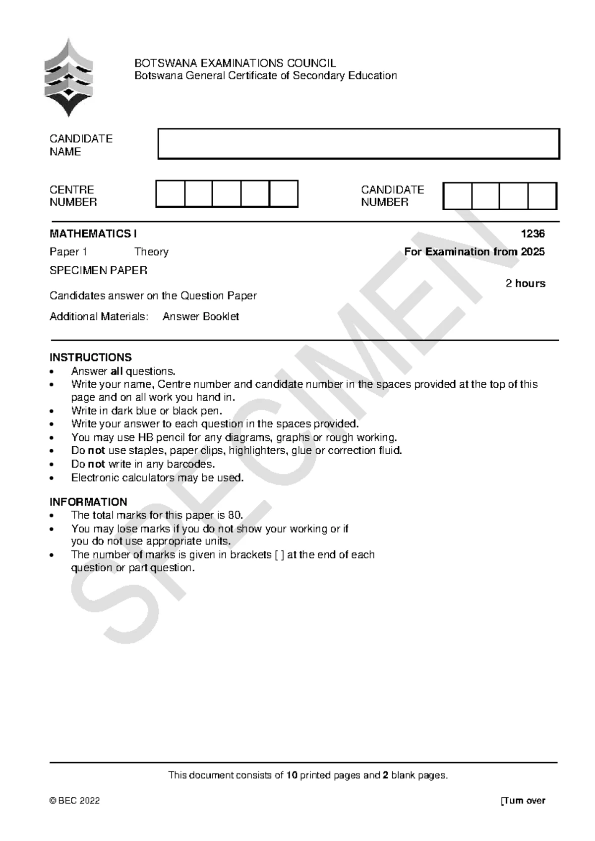 Botswana GCSE Maths Paper 1 (BEC) Exam Papers from 2012 to 2013 - Studocu