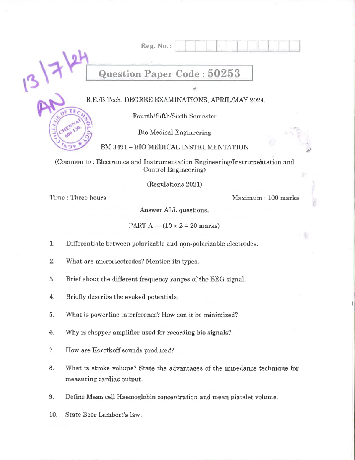 BM 3491 Final Exam Question Paper - Bio Medical Instrumentation - Studocu