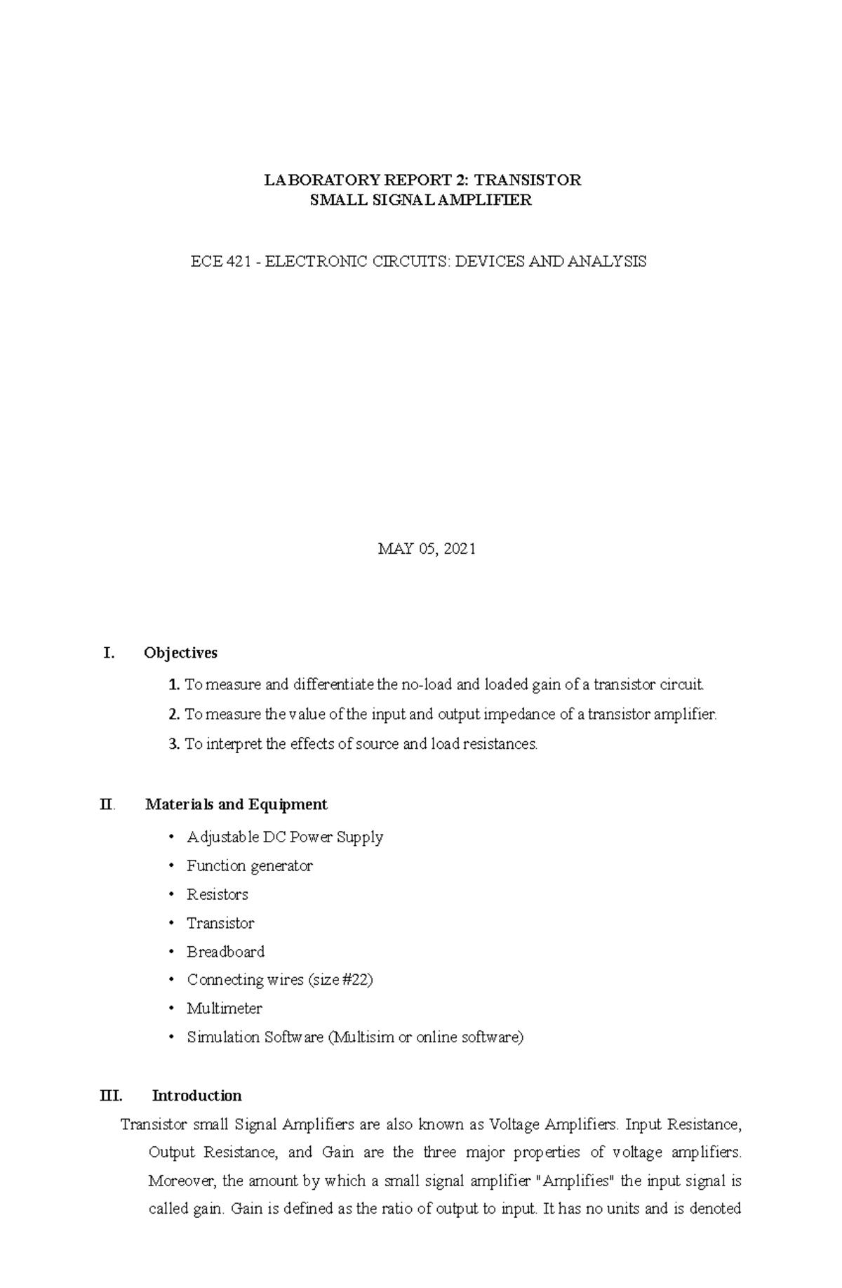 ECE 421 Laboratory Report 2: Transistor Small Signal Amplifier Analysis - Studocu