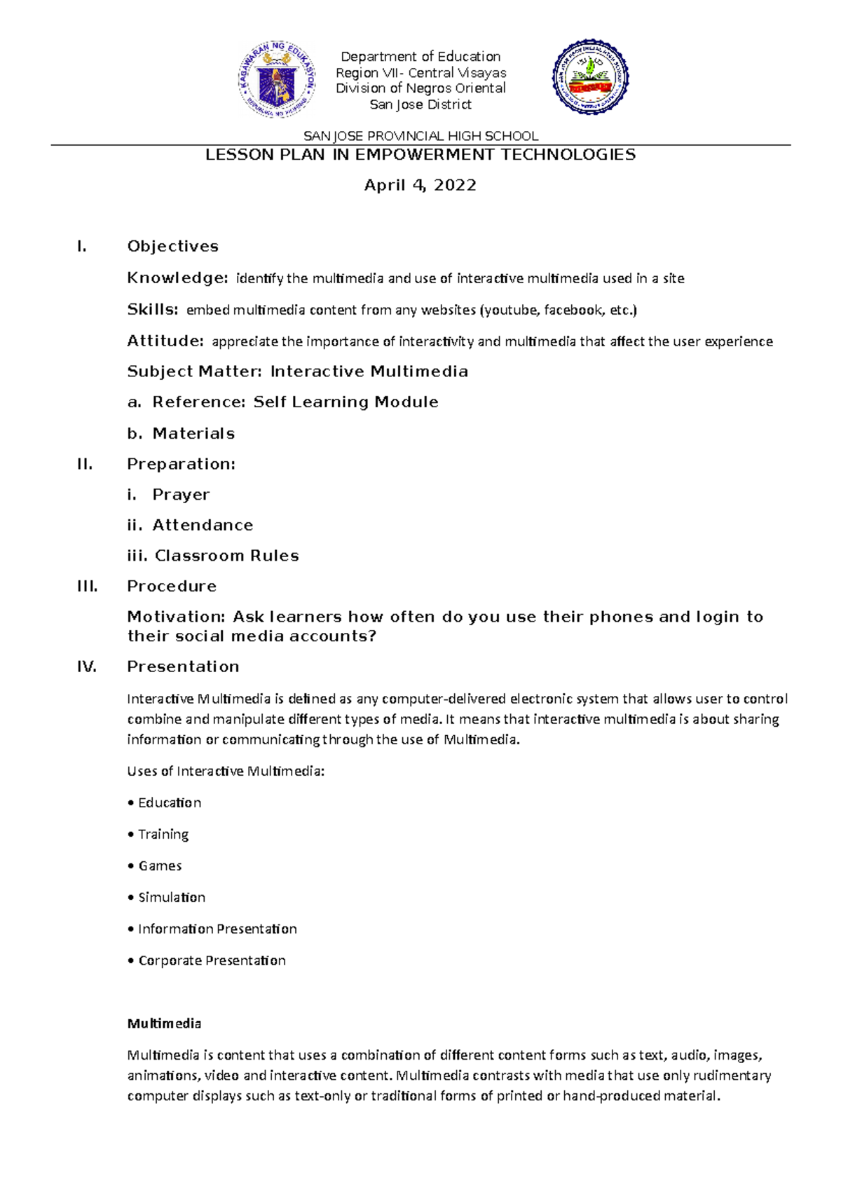 Interactive media Lesson Plan - Department of Education Region VII ...