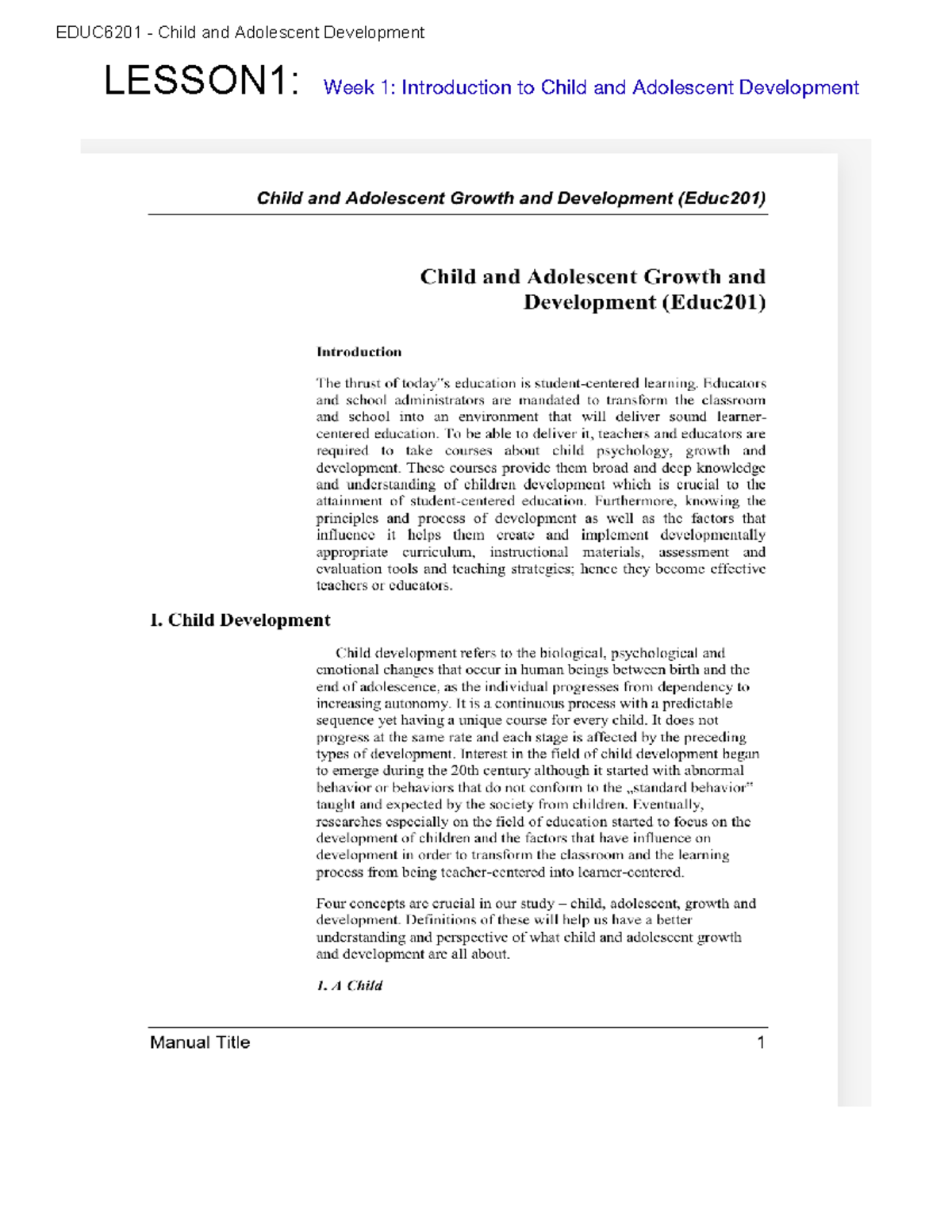 EDUC6201 - Lesson 1: Intro to Child & Adolescent Development - Studocu