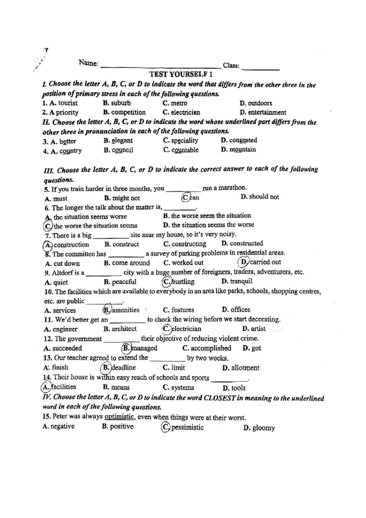 ANSWER KEY - TEST Yourself 1: Stress, Pronunciation & Vocabulary - Studocu
