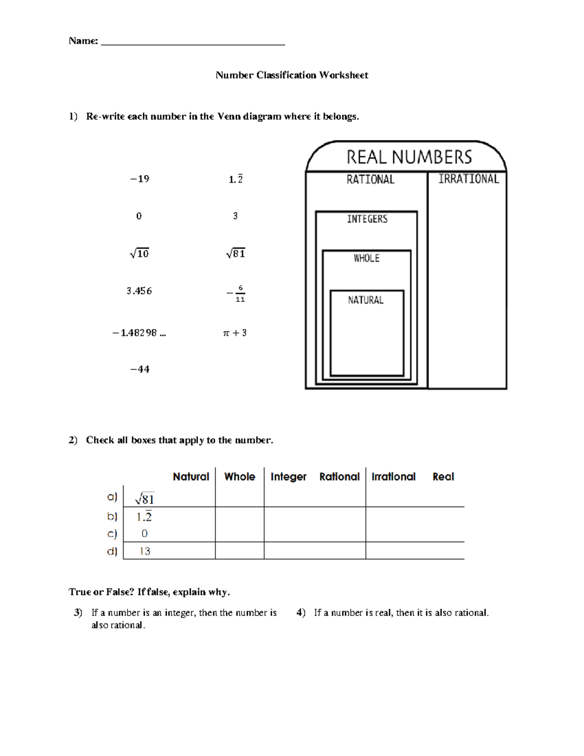 Number Classification Worksheet - Understanding Rational and Irrational ...
