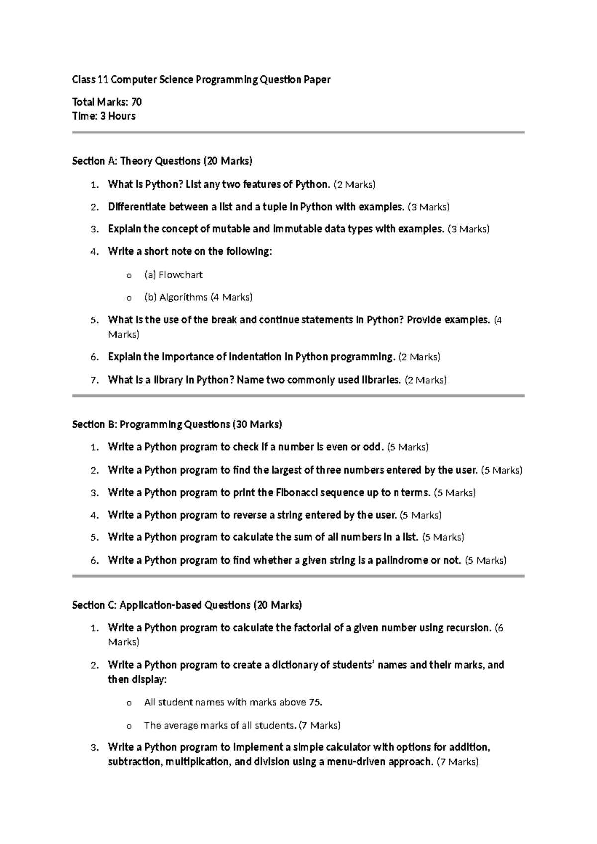 Class 11 CS QP1 - Computer Science Programming Question Paper - Studocu
