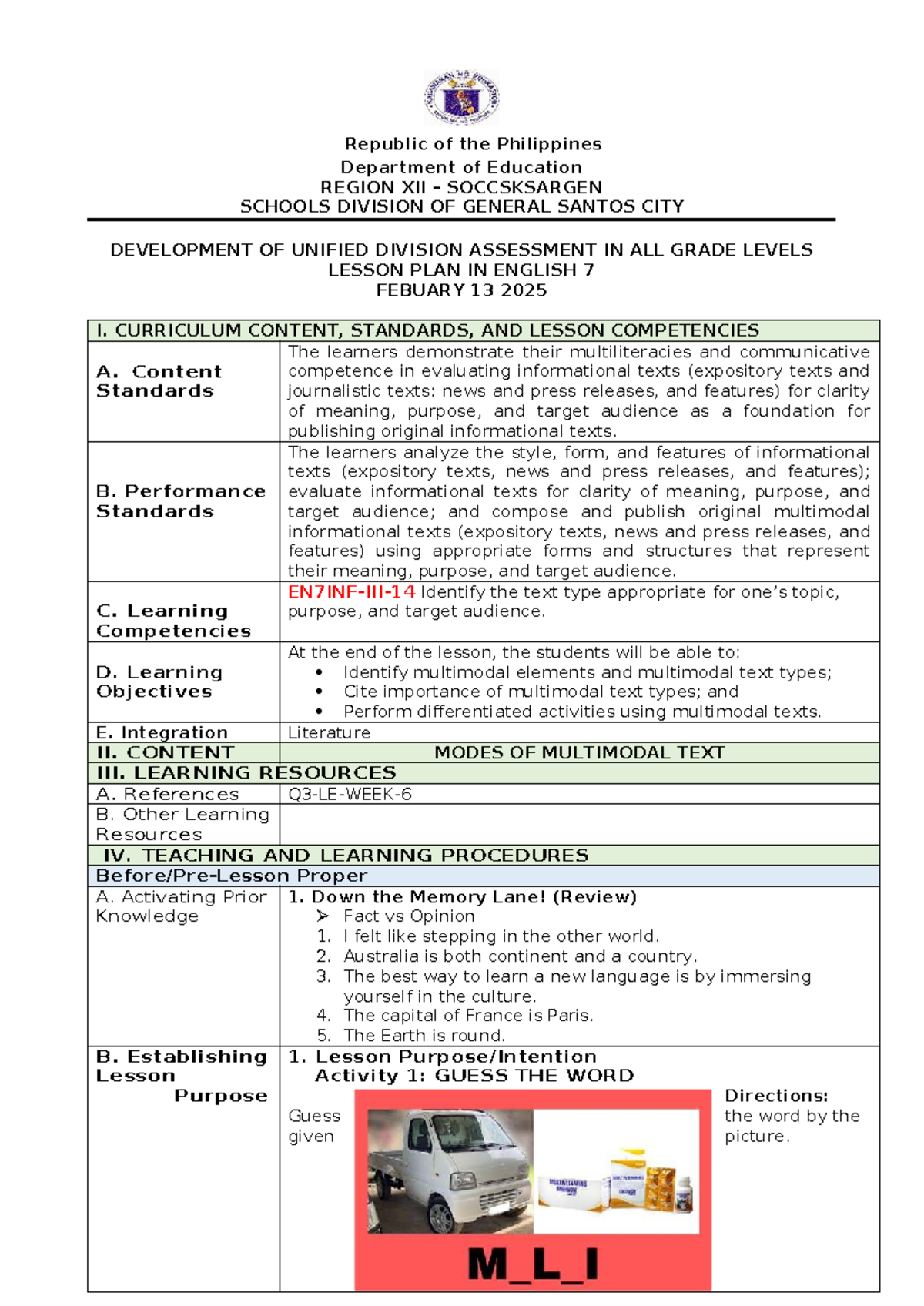 Unified Division Assessment: Multimodal Lesson Plan for English 7 - Studocu