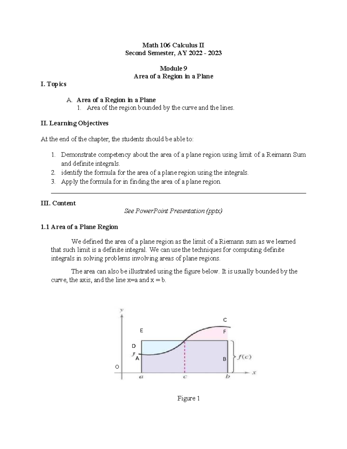 Math 106 Calculus II Module 9: Area of a Region in a Plane - Studocu