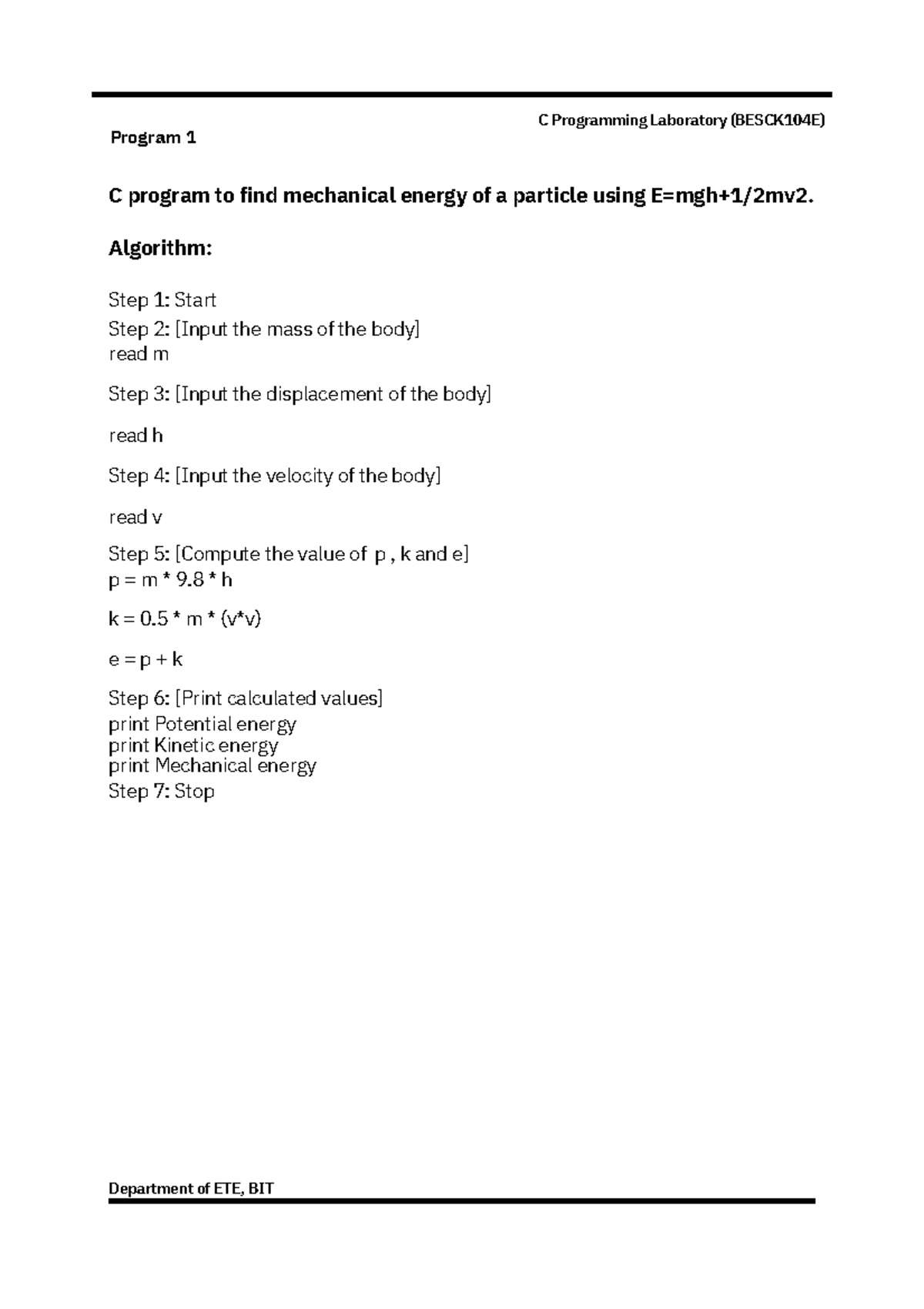 C Programming Lab Manual PGM 1 - 10: Energy, Conversion & Matrix Ops ...