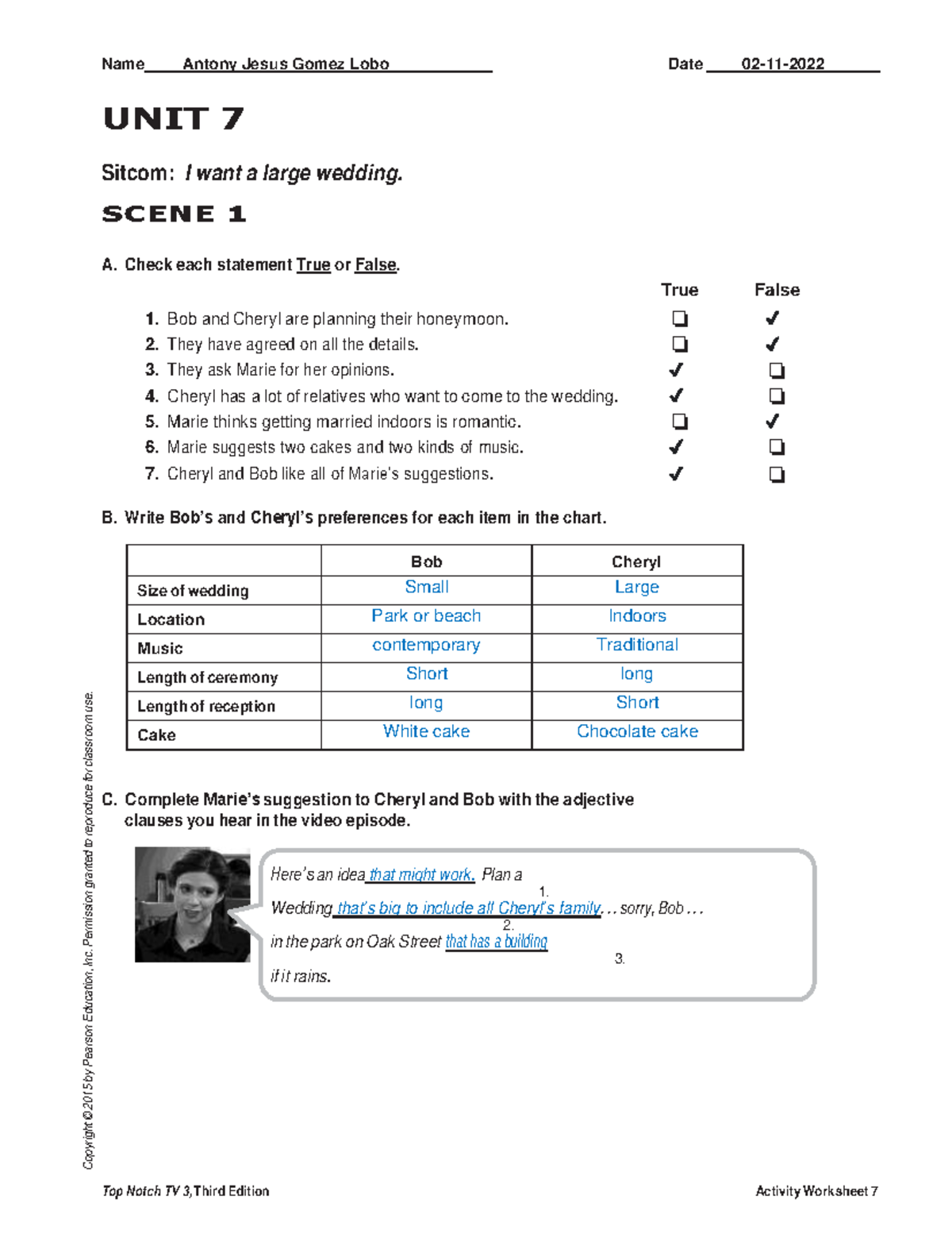 UNIT 07 Sitcom Activity Worksheets: Planning a Wedding - Studocu