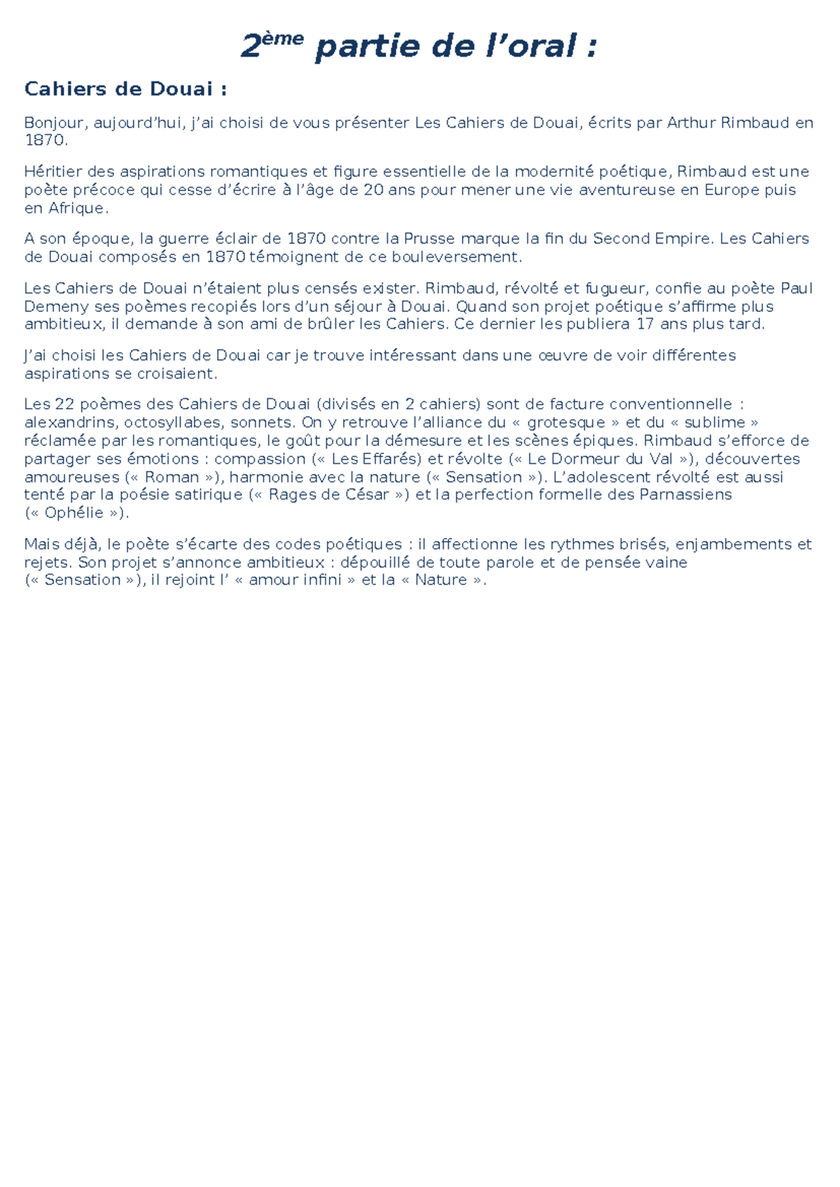 Analyse des Cahiers de Douai pour l'oral du français BAC - Studocu