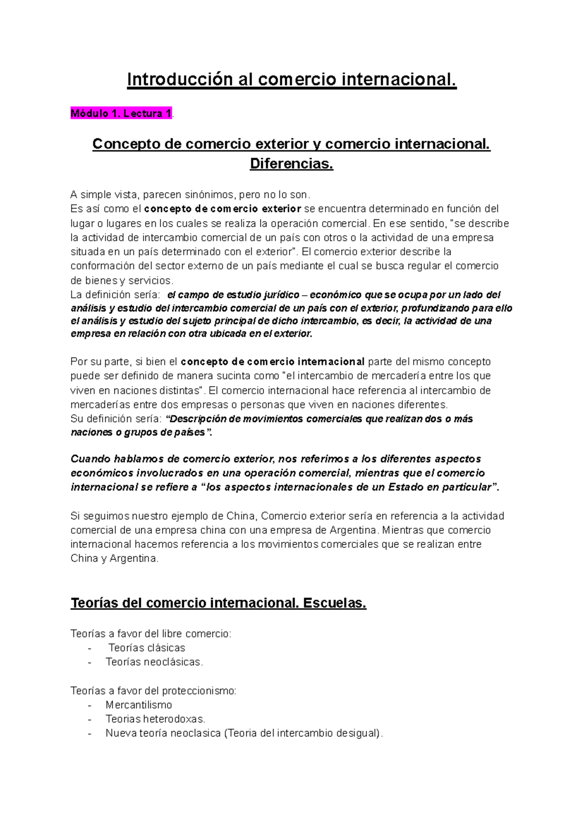 Resumen de Comercio Exterior. Módulo 1: Conceptos y Teorías - Studocu