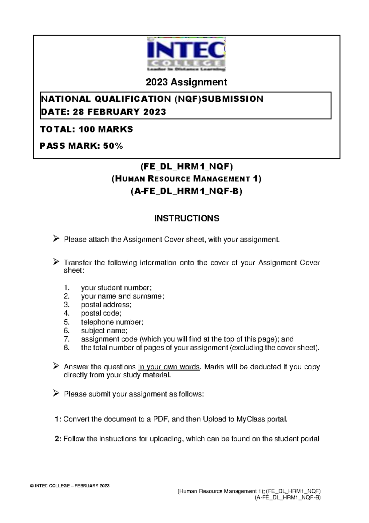 A-FE DL HRM1 NQF-B - Assignment Instructions & Submission Guidelines ...