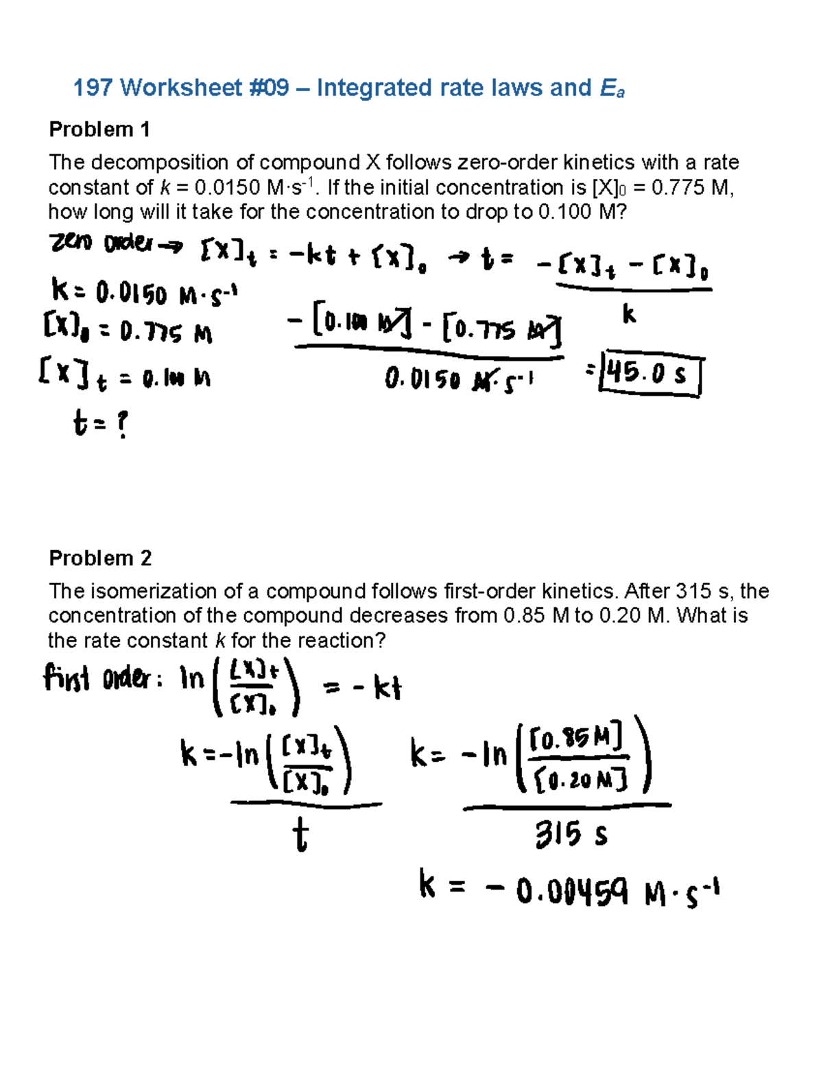 197 Worksheet Unit 2: Integrated Rate Laws & Activation Energy Problems ...