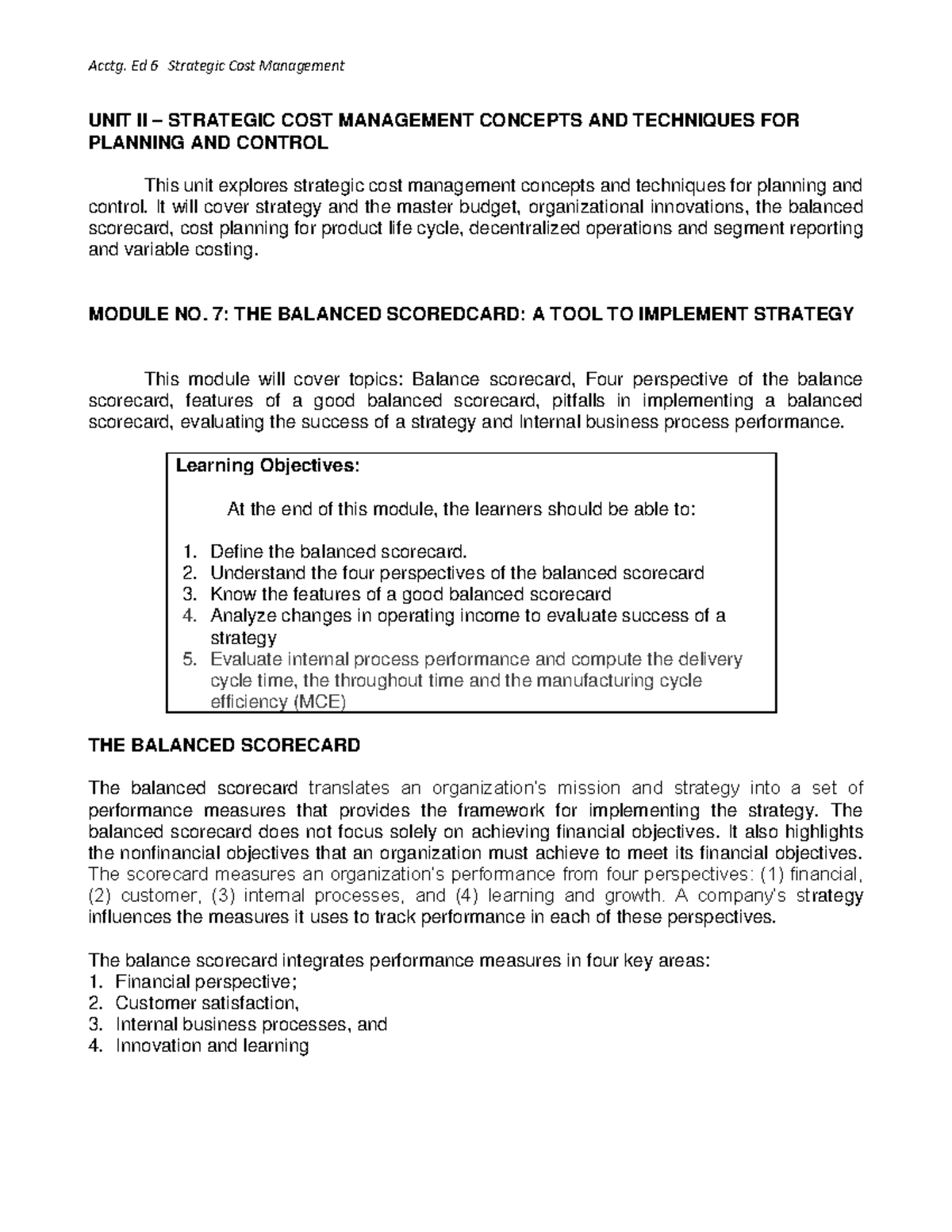 Module 7: Balanced Scorecard for Strategic Cost Management Techniques ...