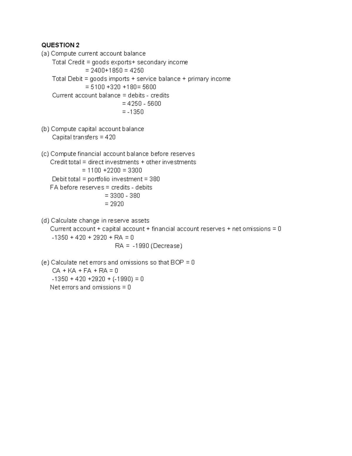 Question 2: BOP Calculations and Current Account Analysis - Studocu
