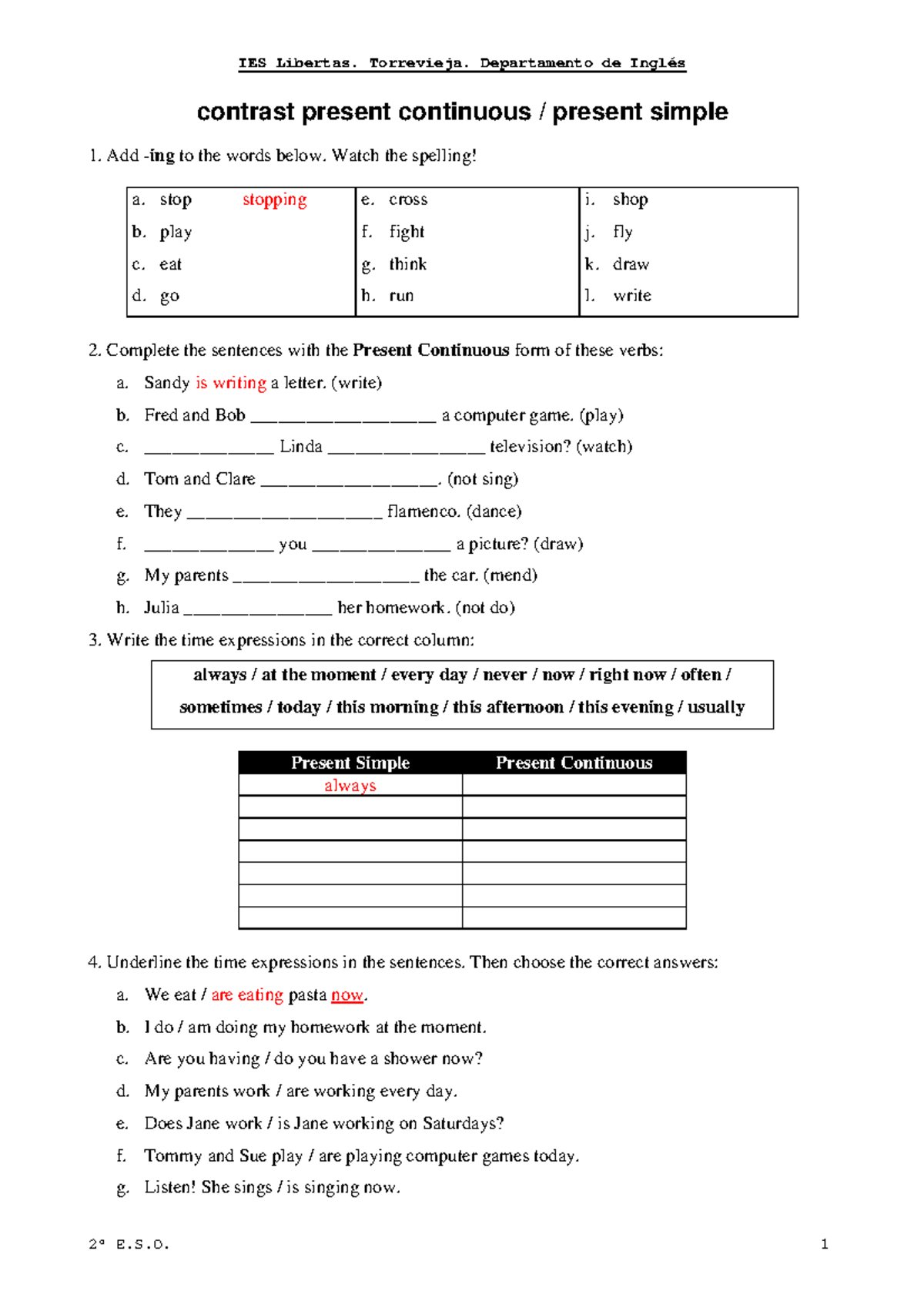 Present Simple vs. Present Continuous Exercises for 2º E.S.O. - Studocu