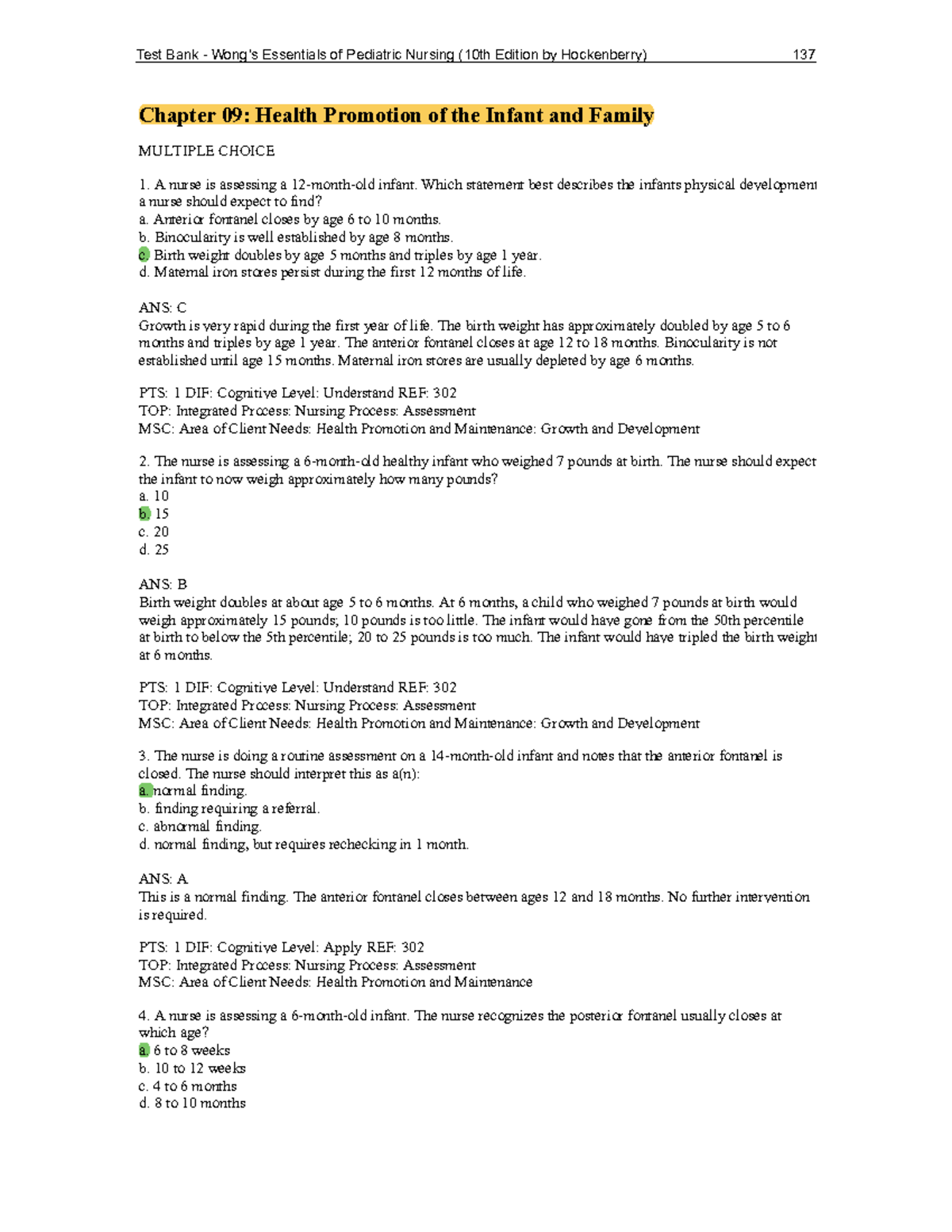 CH 9 Peds - Health Promotion of Infants Test Bank - Studocu