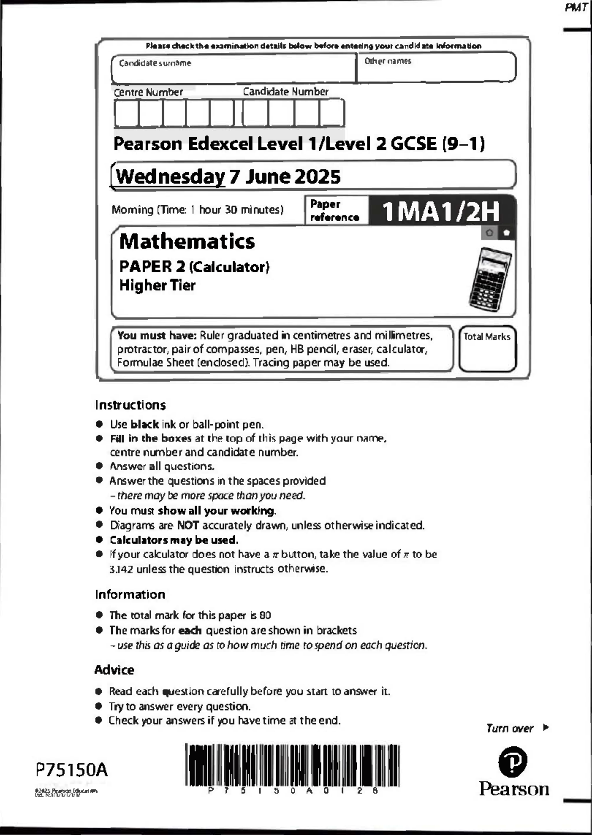 Edexcel GCSE Maths Paper 2 Higher Tier June 2025 Exam Details Studocu