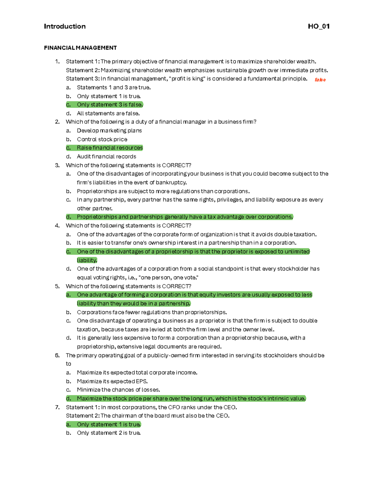 Introduction to Financial Management and Capital Markets - HO_01 - Studocu