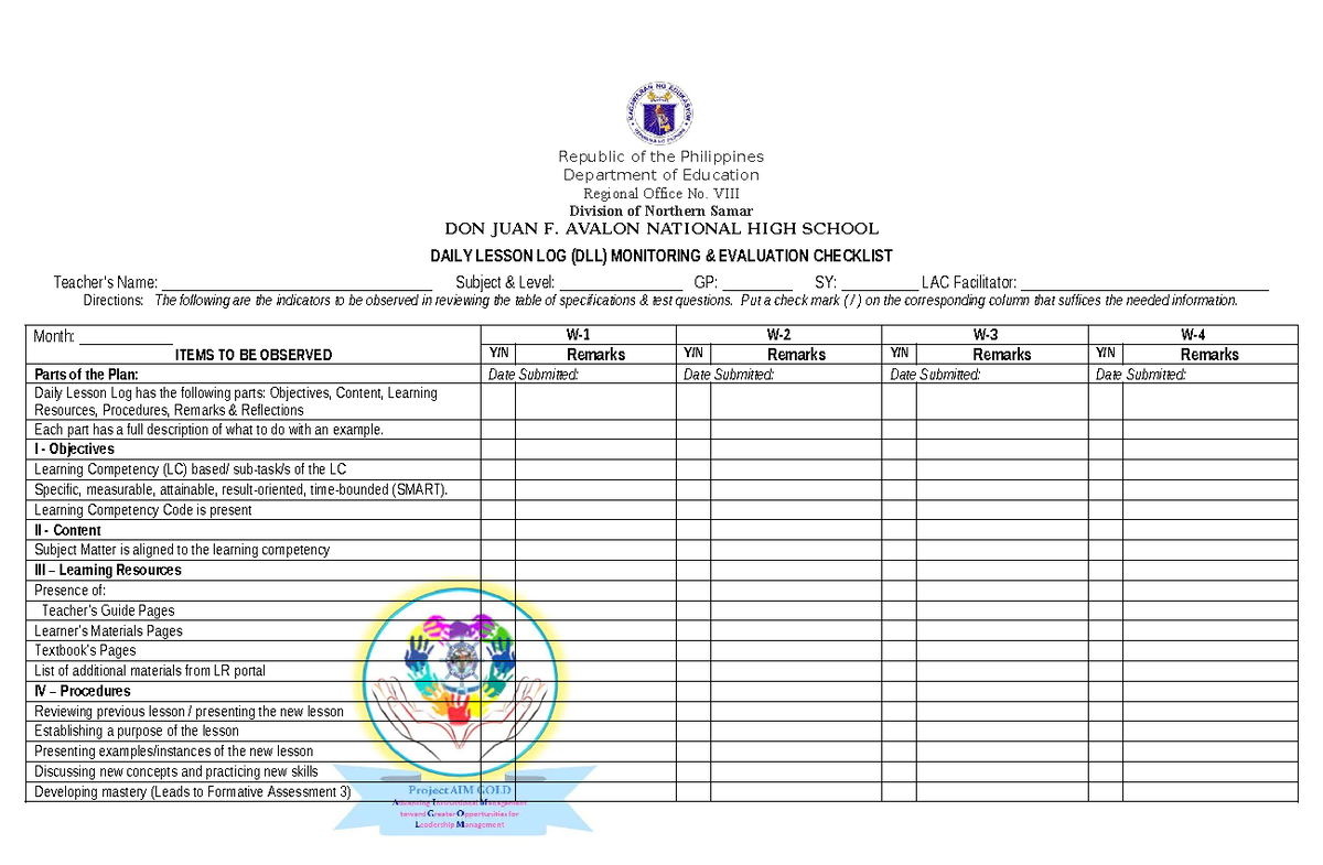 Daily Lesson Log (DLL) Monitoring Evaluation Checklist - DON JUAN F ...