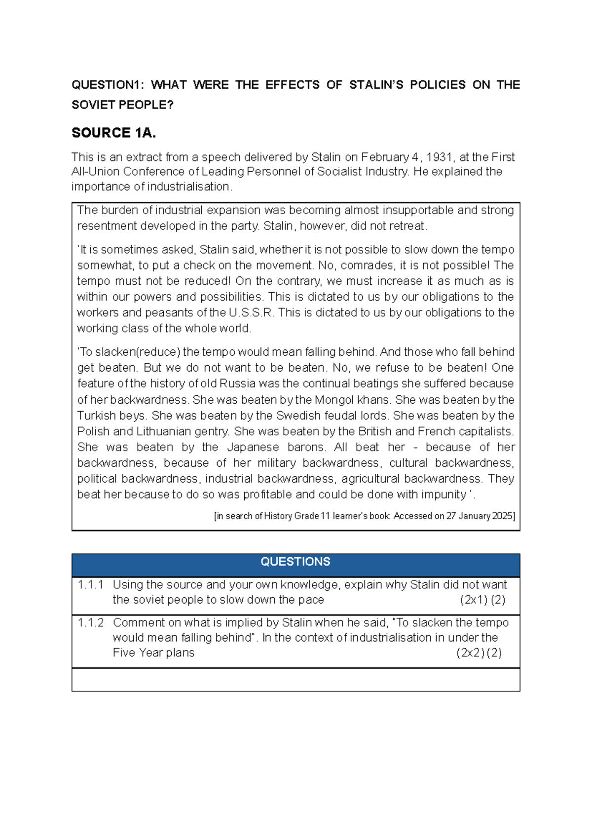 Effects of Stalin's Policies on Soviet People: A Study Guide (HIST 11 ...