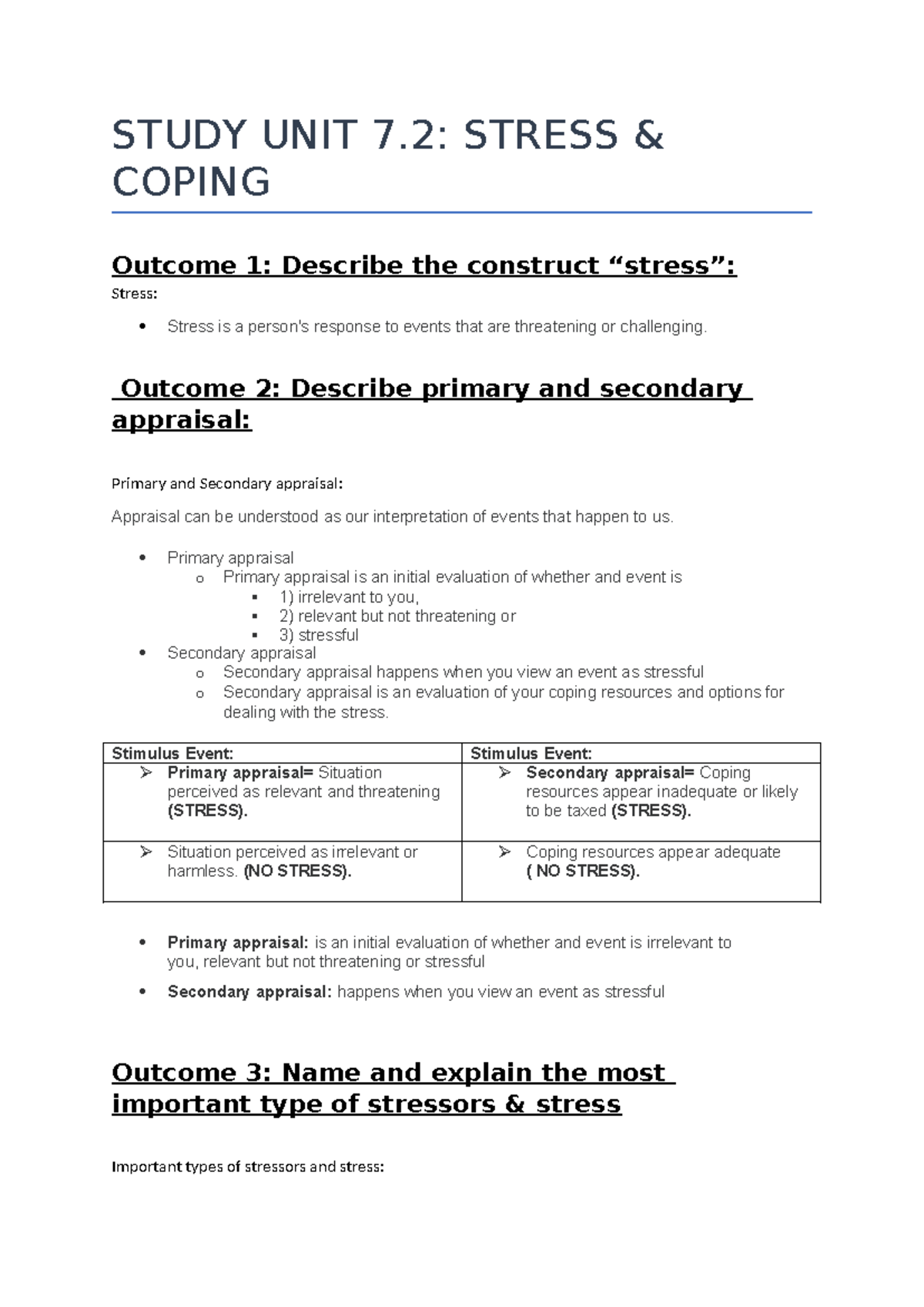 Study UNIT 6.2 & 7 - Pschology notes - STUDY UNIT 7: STRESS & COPING ...