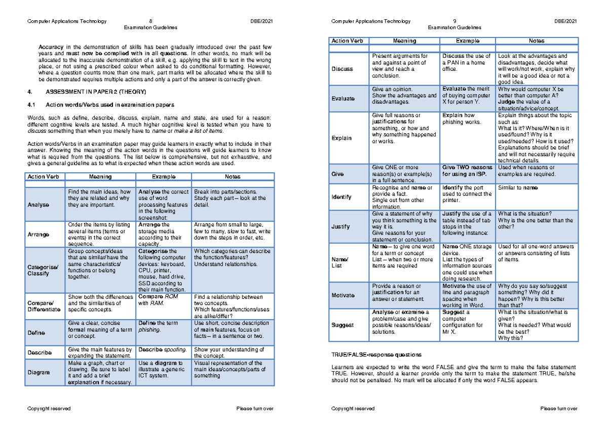 Computer Applications Technology 8 Exam Guidelines: Action Verbs ...