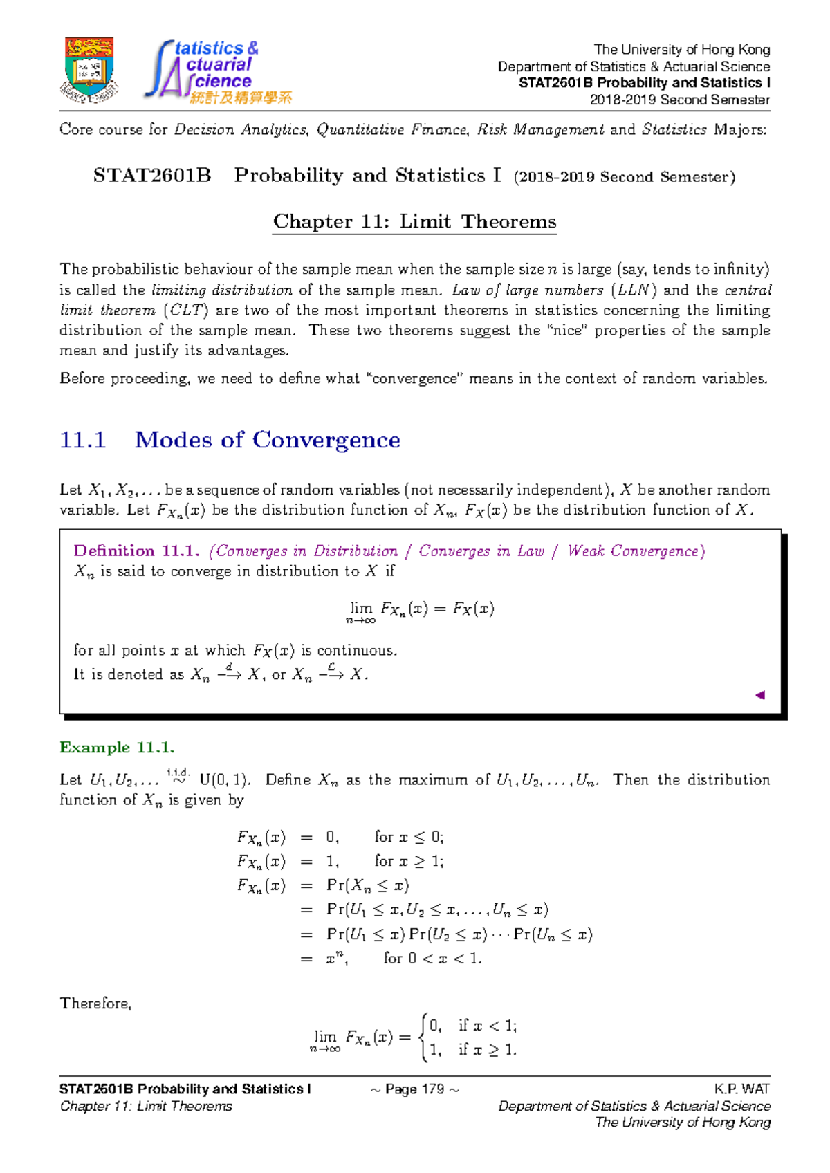 STAT2601 B (18-19, 2nd) Chapter 11 - Department of Statistics & Actuarial Science STAT2601B ...