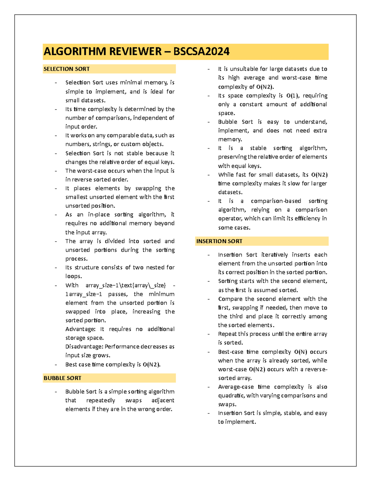 Algorithm Reviewer: Final Exam Notes for BSCSA2024 - Studocu