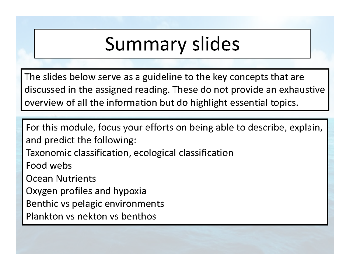 Module Summary: Key Concepts in Marine Ecology - Studocu