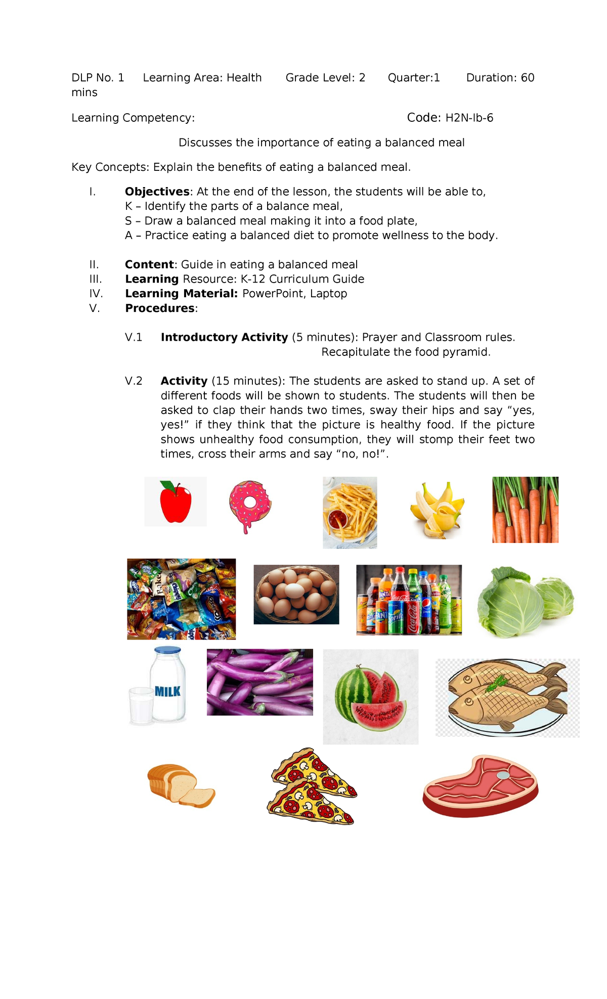 DLP Health Lesson Plan: Importance of Balanced Meals for Grade 2 - Studocu
