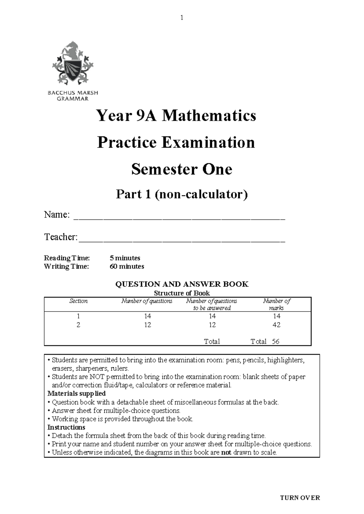 Year 9A Mathematics Semester 1 Practice Exam Part 1 (No Calculator ...