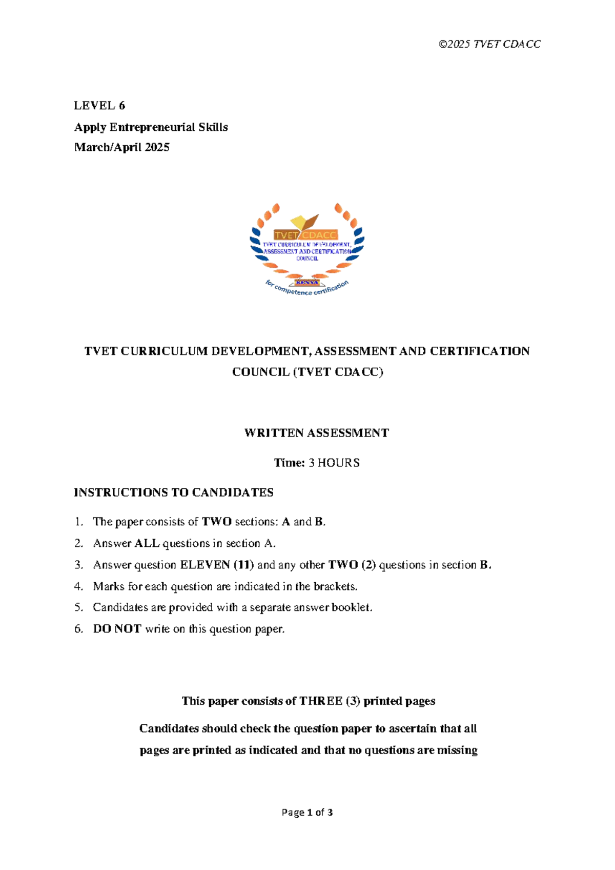 TVET CDACC LEVEL 6 Written Assessment on Entrepreneurial Skills 2025 ...