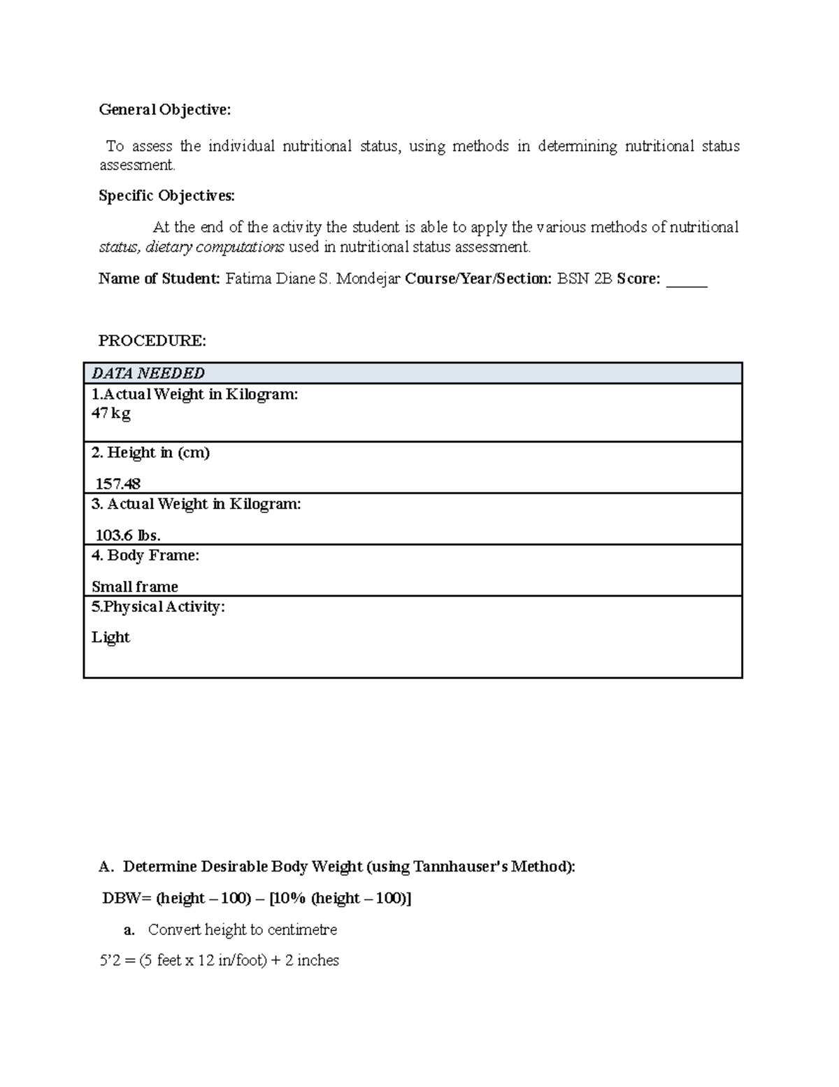 Nutritional Status Assessment Worksheet 2 - TER Calculations and Diet ...