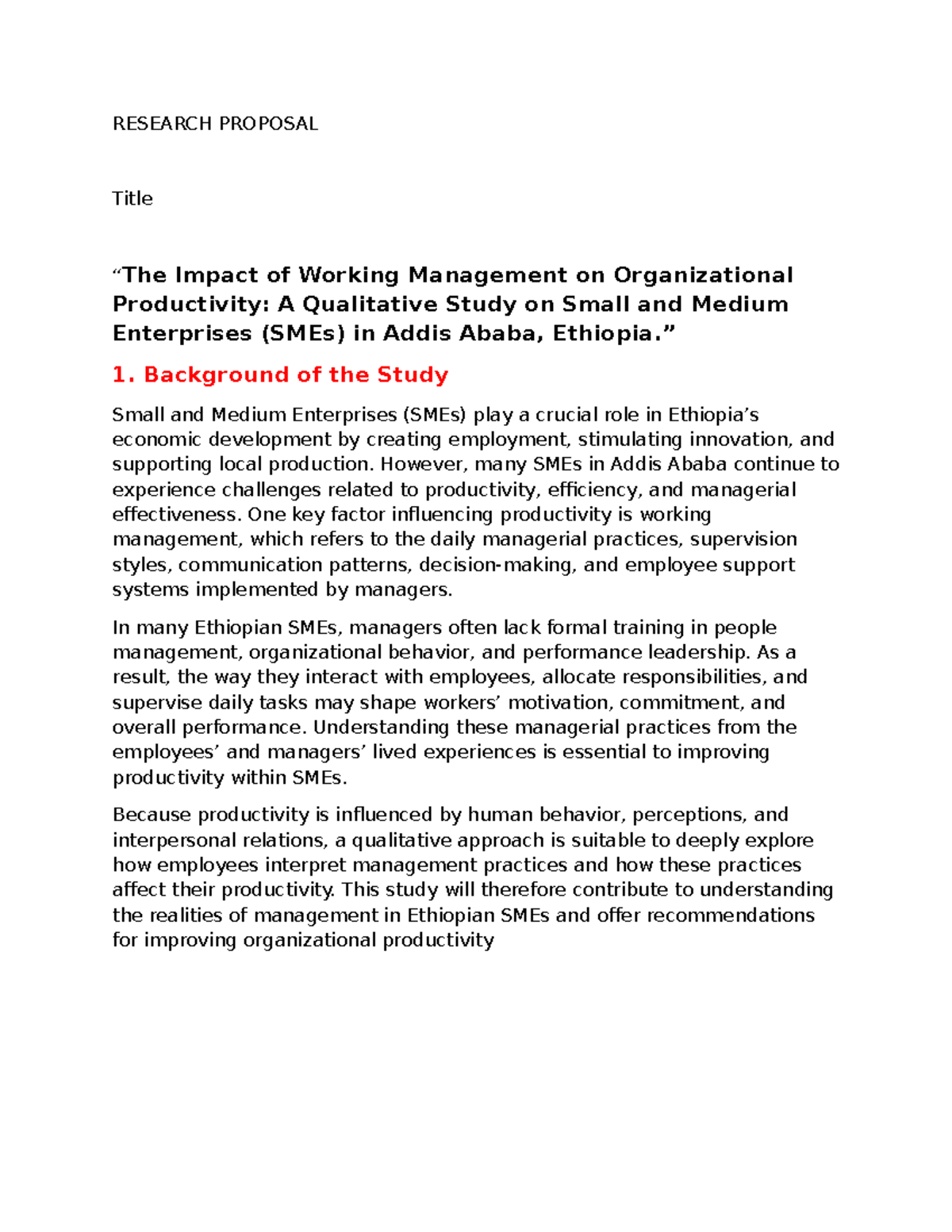 RESEARCH PROPOSAL: Impact of Working Management on SME Productivity in ...