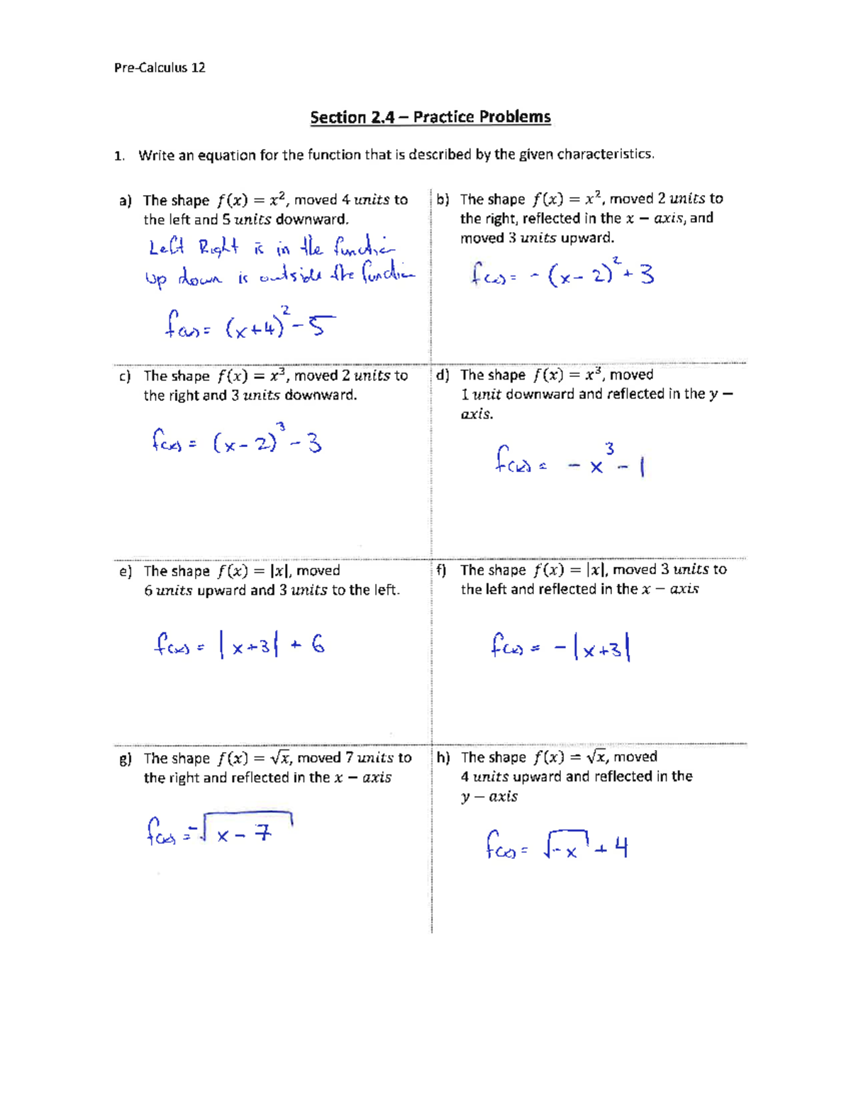PC 12 - Section 2.4 Practice Problems on Function Transformations - Studocu